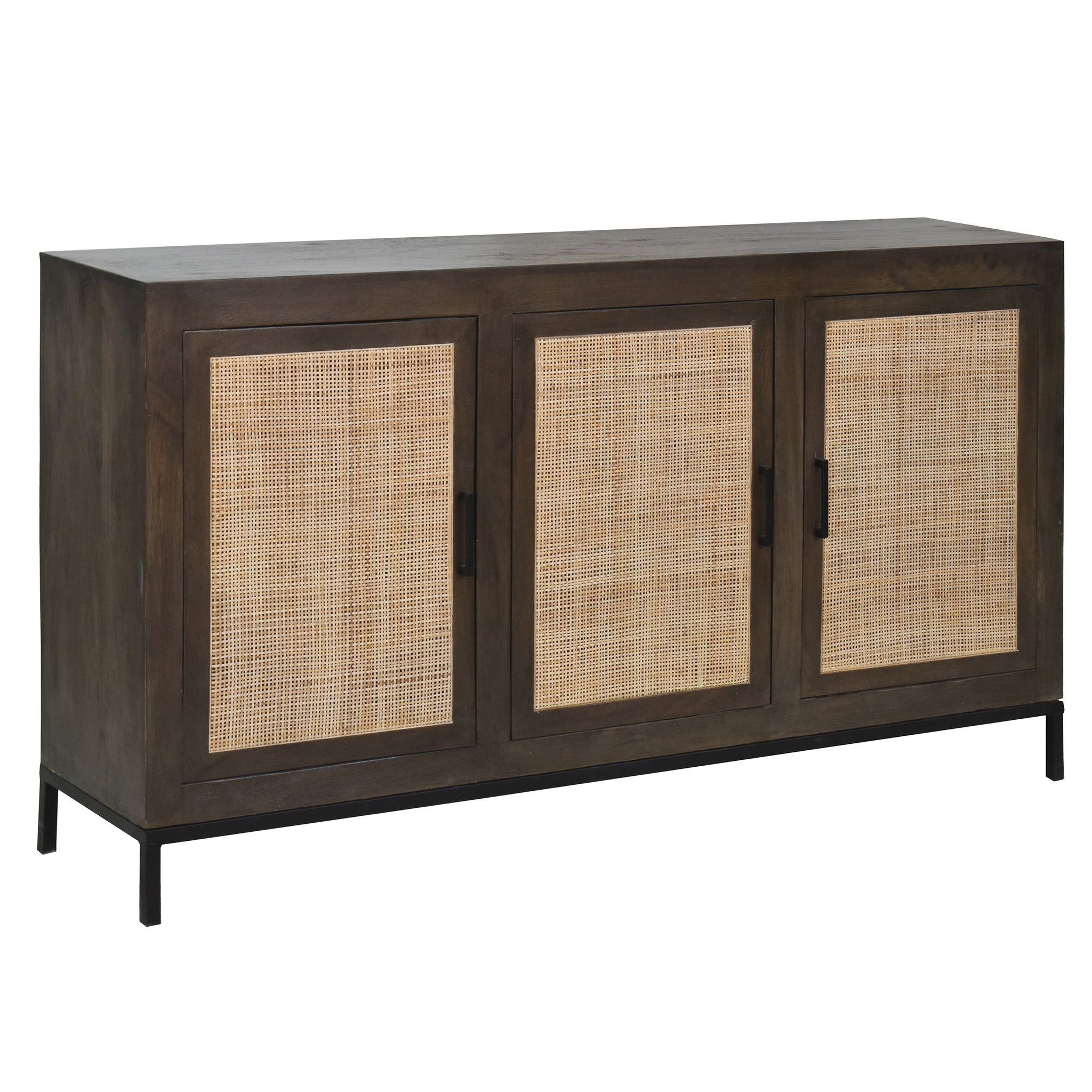 SCHUYLER SIDEBOARD Matte Gray Finish on Mango Wood with Natural Rattan Front Doors 3 Door all furniture Harp Finial