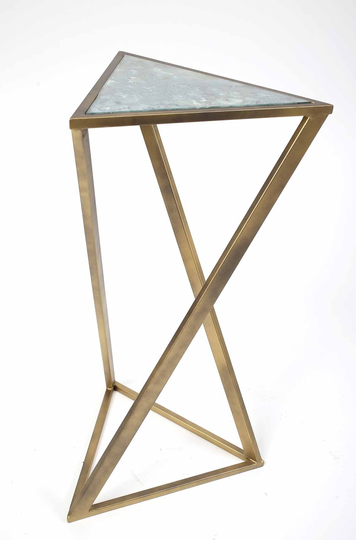 Triangle Twist Accent Table in Antique Brass with Glass Top in Cathedral Stone Finish accent tables Prima Design Source